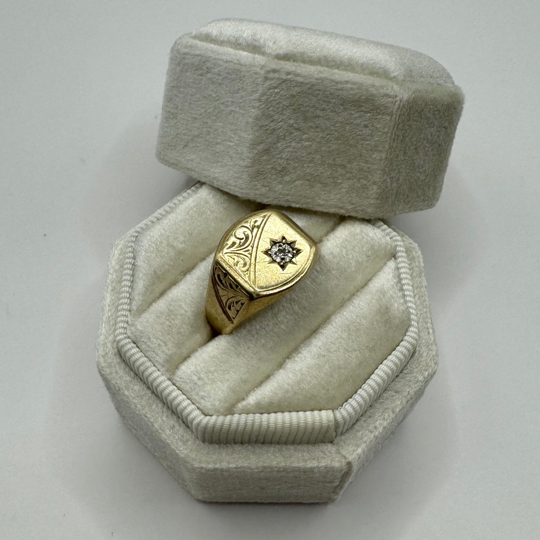 9ct Solid square engraved signet ring with diamond – Gilded Ferret ...